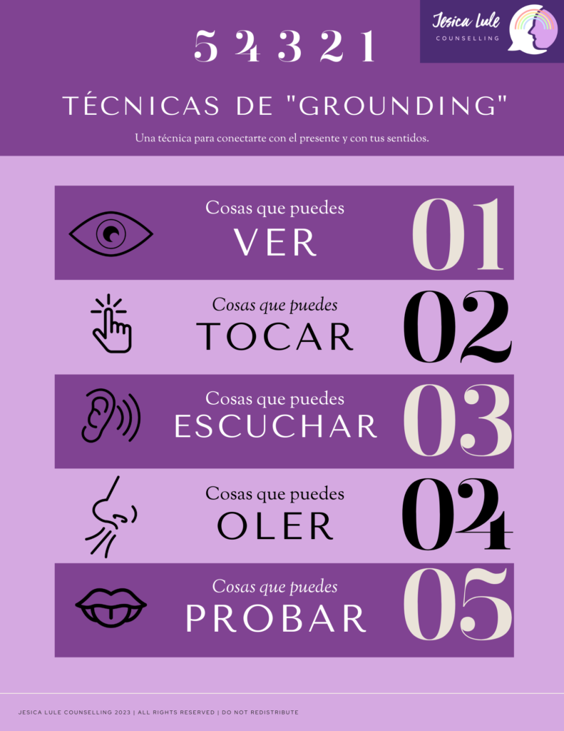Five senses, grounding exercise for anxiety and stress (Spanish version ...